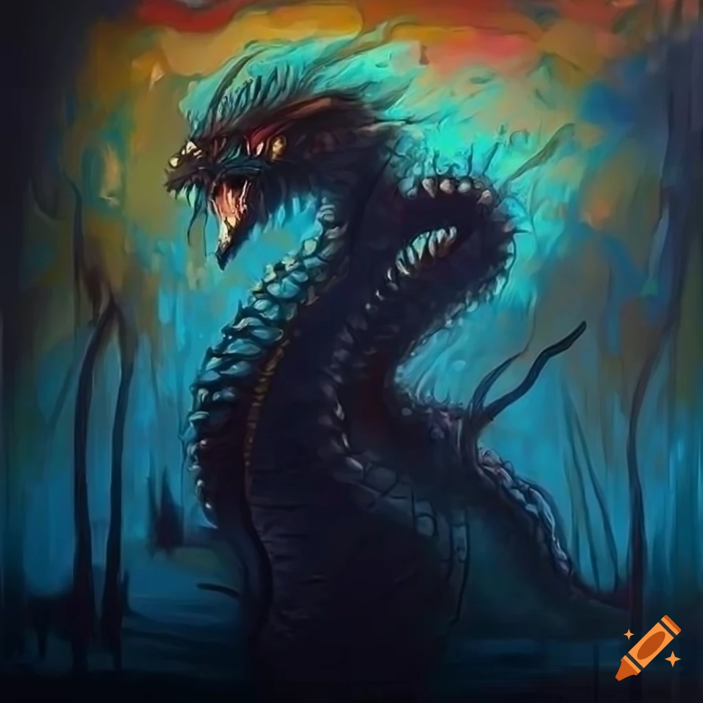Abstract art of a giant hydra in a swamp on Craiyon