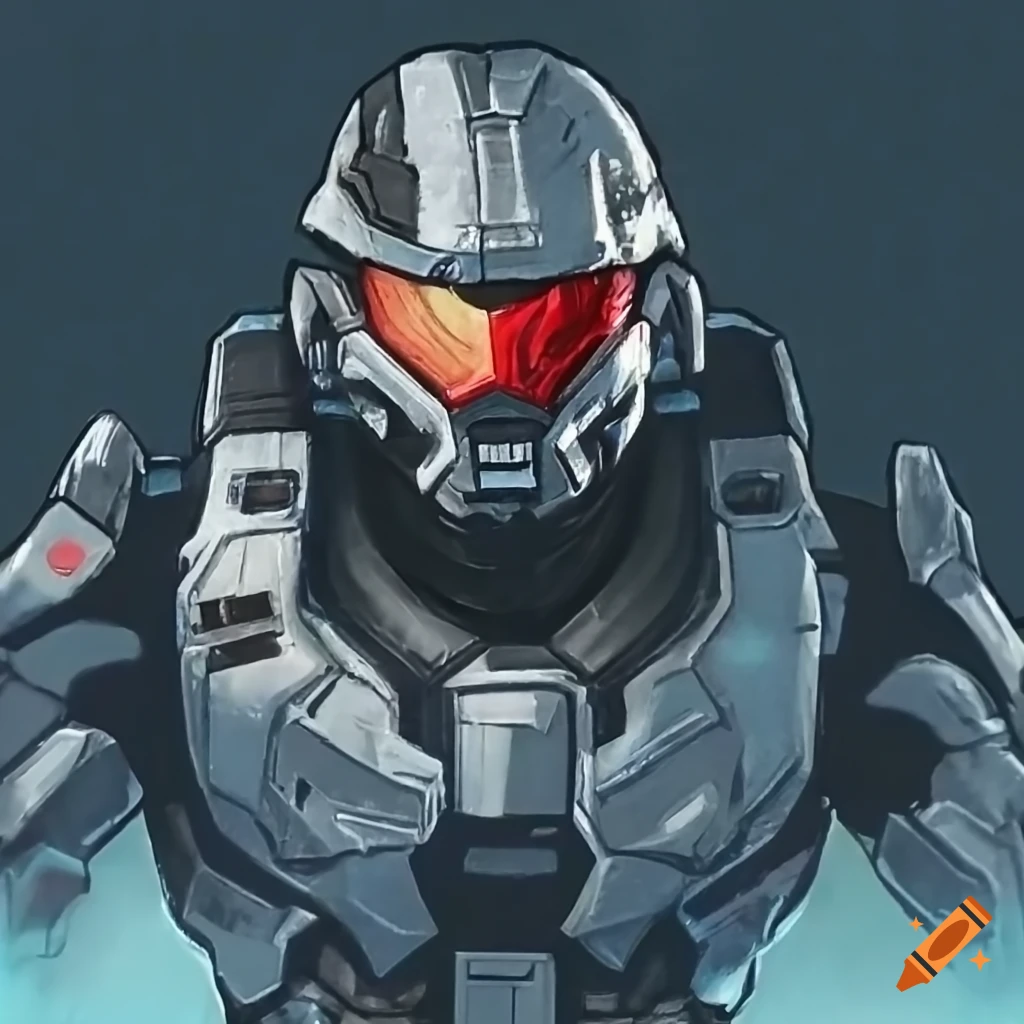 Spartan warrior from Halo with black armor and red visor on Craiyon