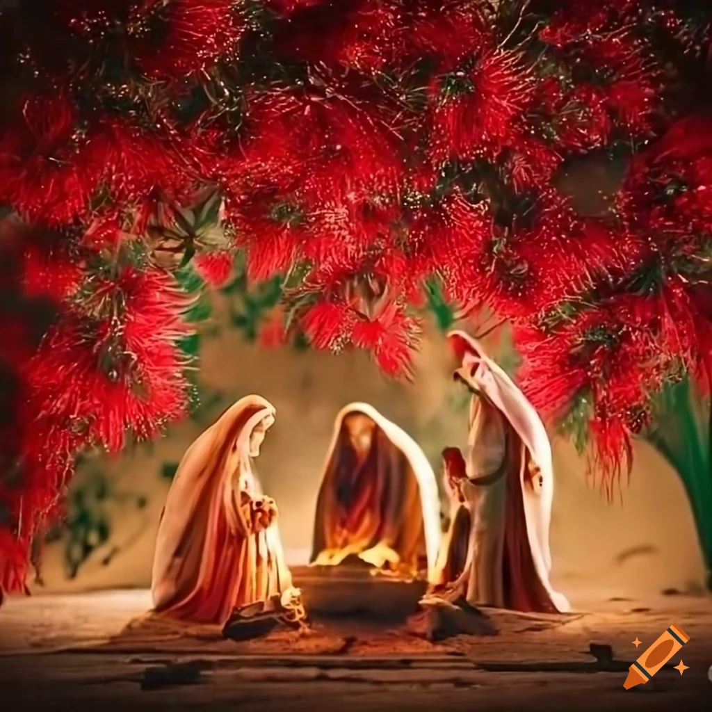 Red callistemon christmas nativity scene in adelaide, australia on Craiyon