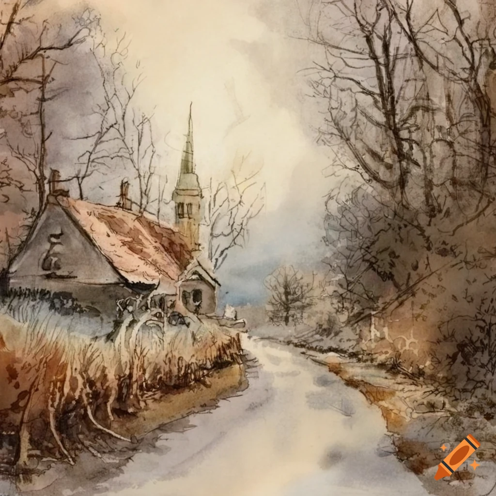 Watercolor vintage drawing of a peaceful winter countryside path on Craiyon