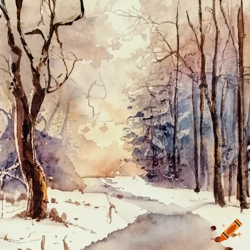 Watercolor vintage drawing of a peaceful winter countryside path