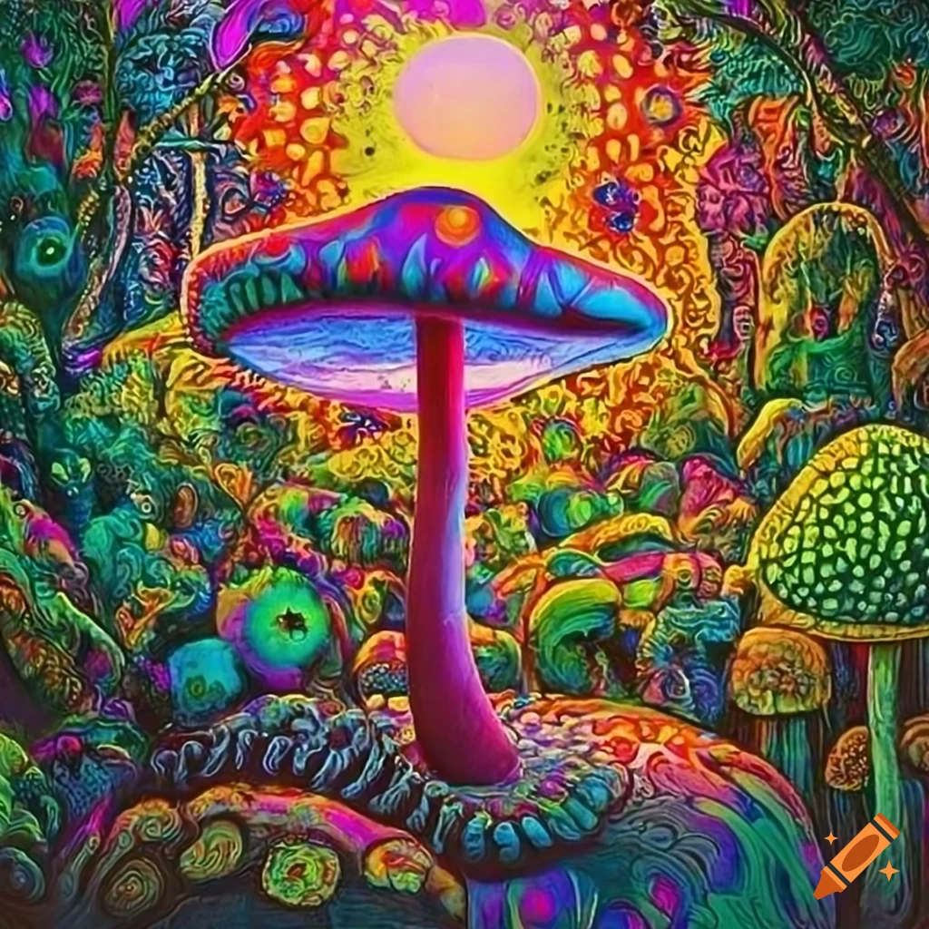 Sunset oasis with a psychedelic mushroom artwork on Craiyon