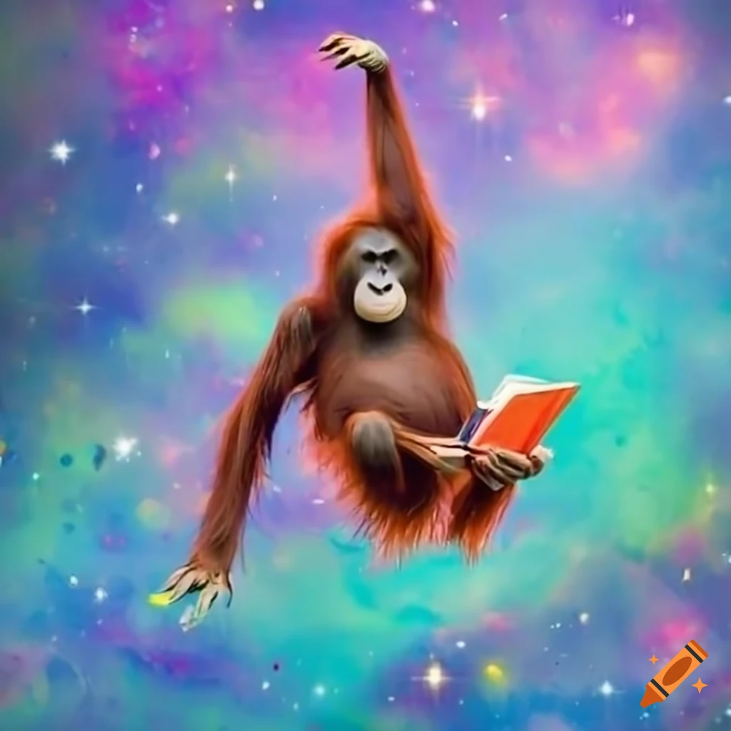 Orangutan reading book in a candy-filled galaxy on Craiyon