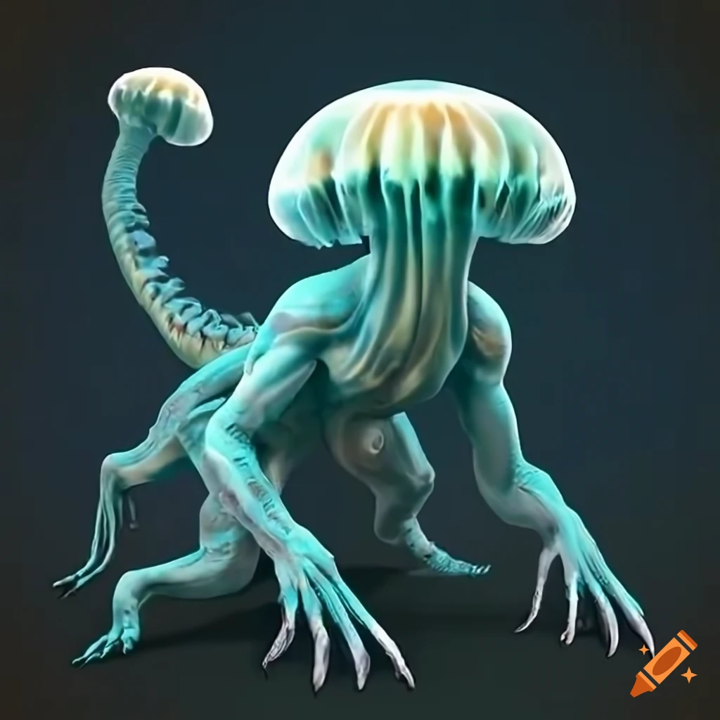 Illustration of a jellyfish-reptile hybrid monster in full pose on Craiyon