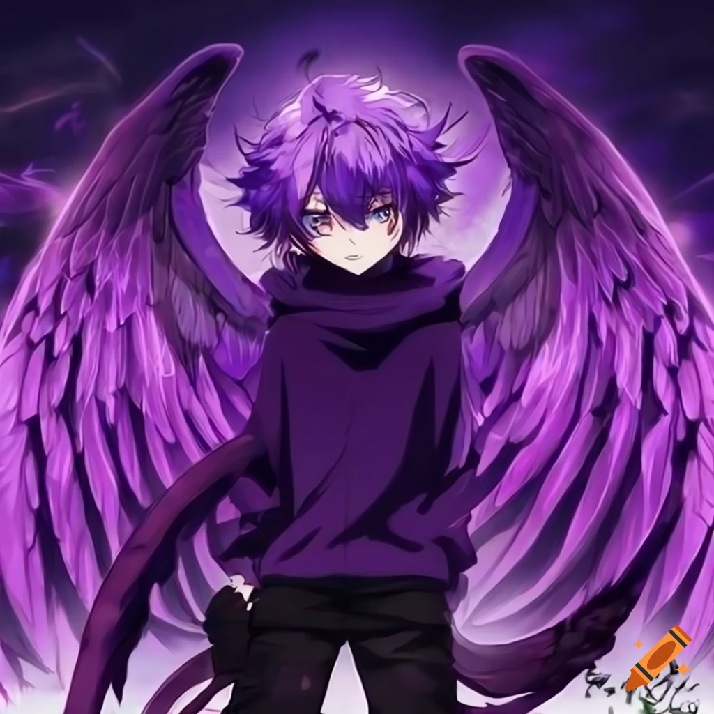 Anime poster of a purple-winged demon boy on Craiyon