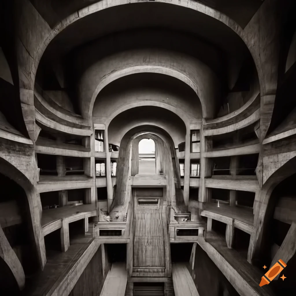 Interior of a giant brutalist architecture building on Craiyon