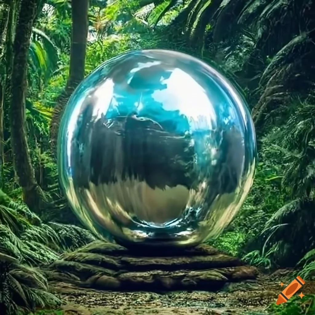 Chrome ball sculpture in the jungle on Craiyon