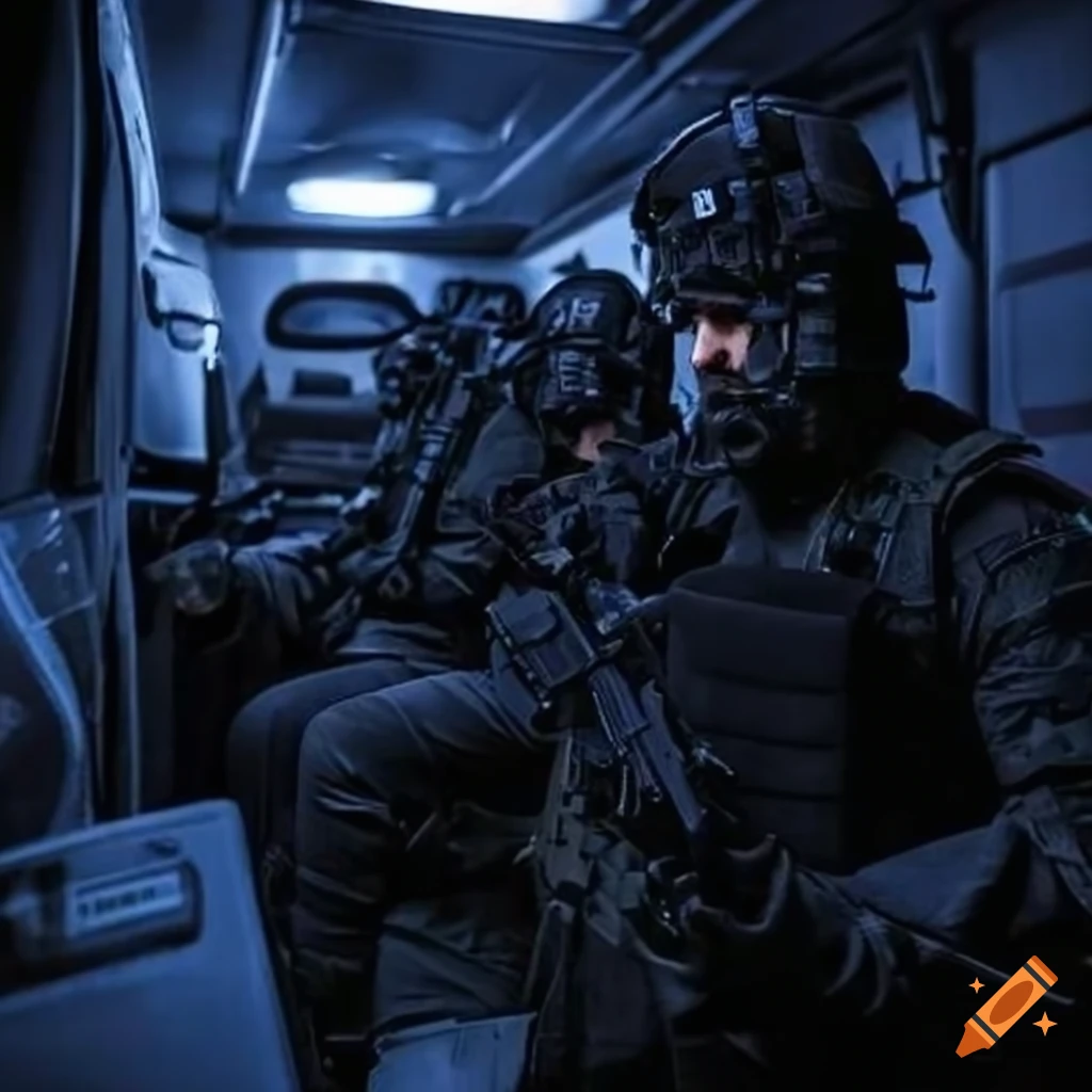 Interior of a swat van with officers in tactical gear on Craiyon