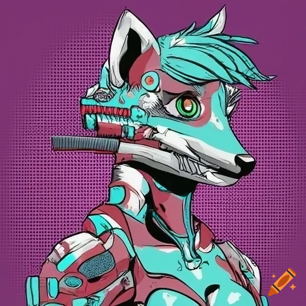 Pop art illustration of a fox cyborg on Craiyon