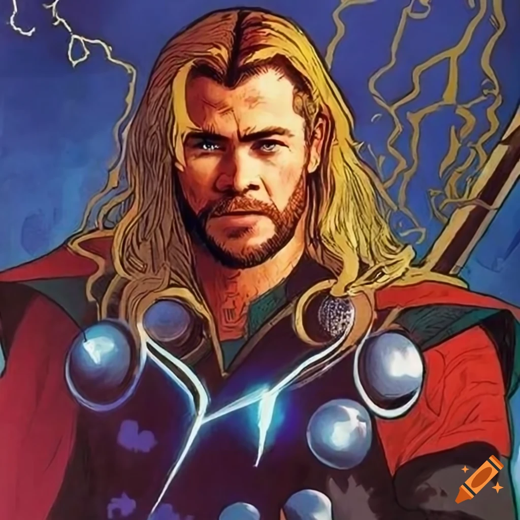 Illustration of Chris Hemsworth as Thor with lightning and Mjolnir on ...