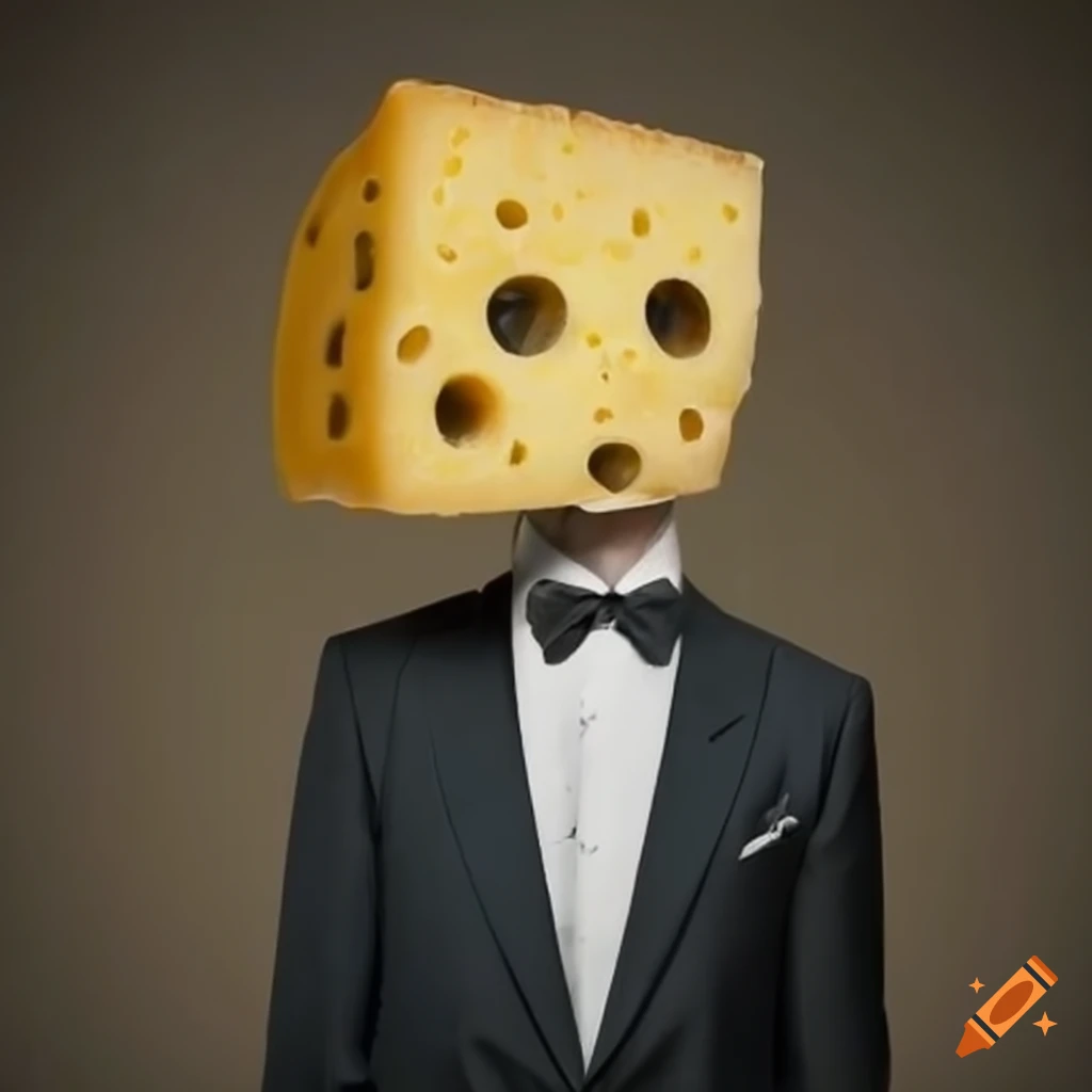 Peculiar artwork of a man in a suit with a cheese head on Craiyon