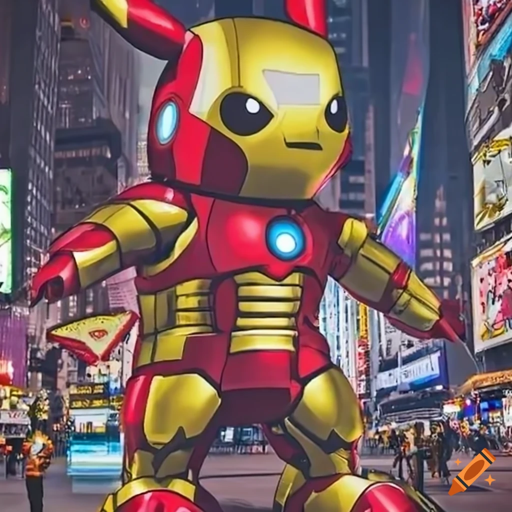 Cosplayer dressed as iron man pikachu in times square on Craiyon