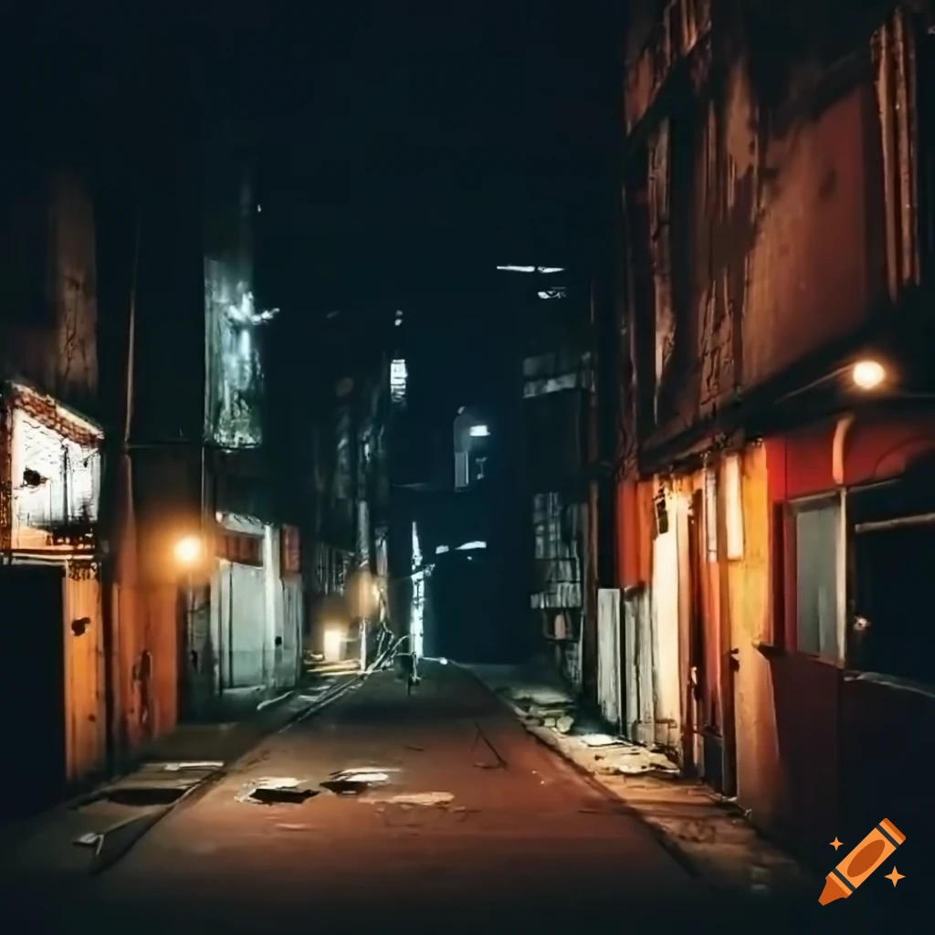 Photorealistic depiction of a run down japanese neighborhood at night ...