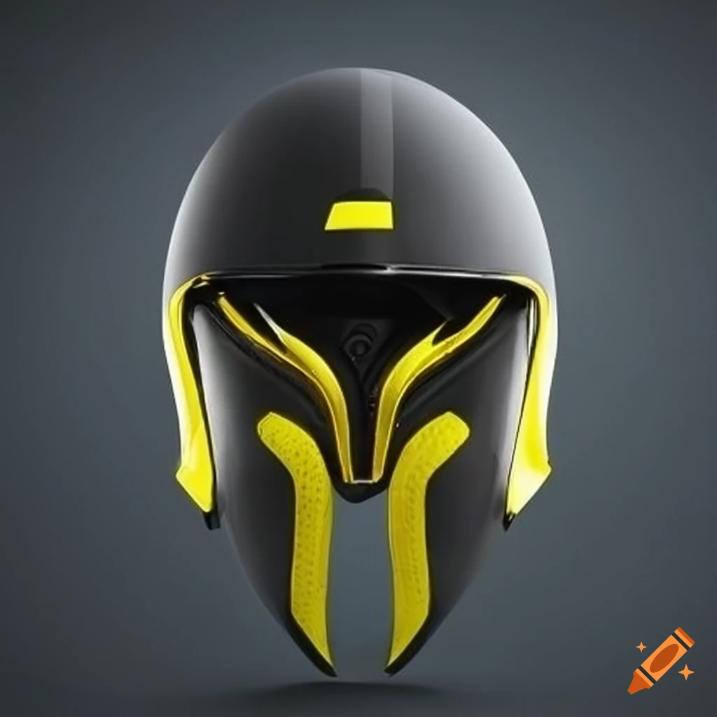 Sleek and aerodynamic black and yellow helmet on Craiyon