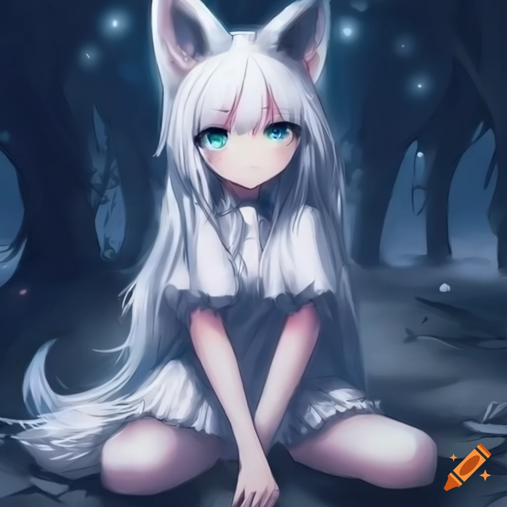 Anime fox girl sitting under the moonlight on Craiyon