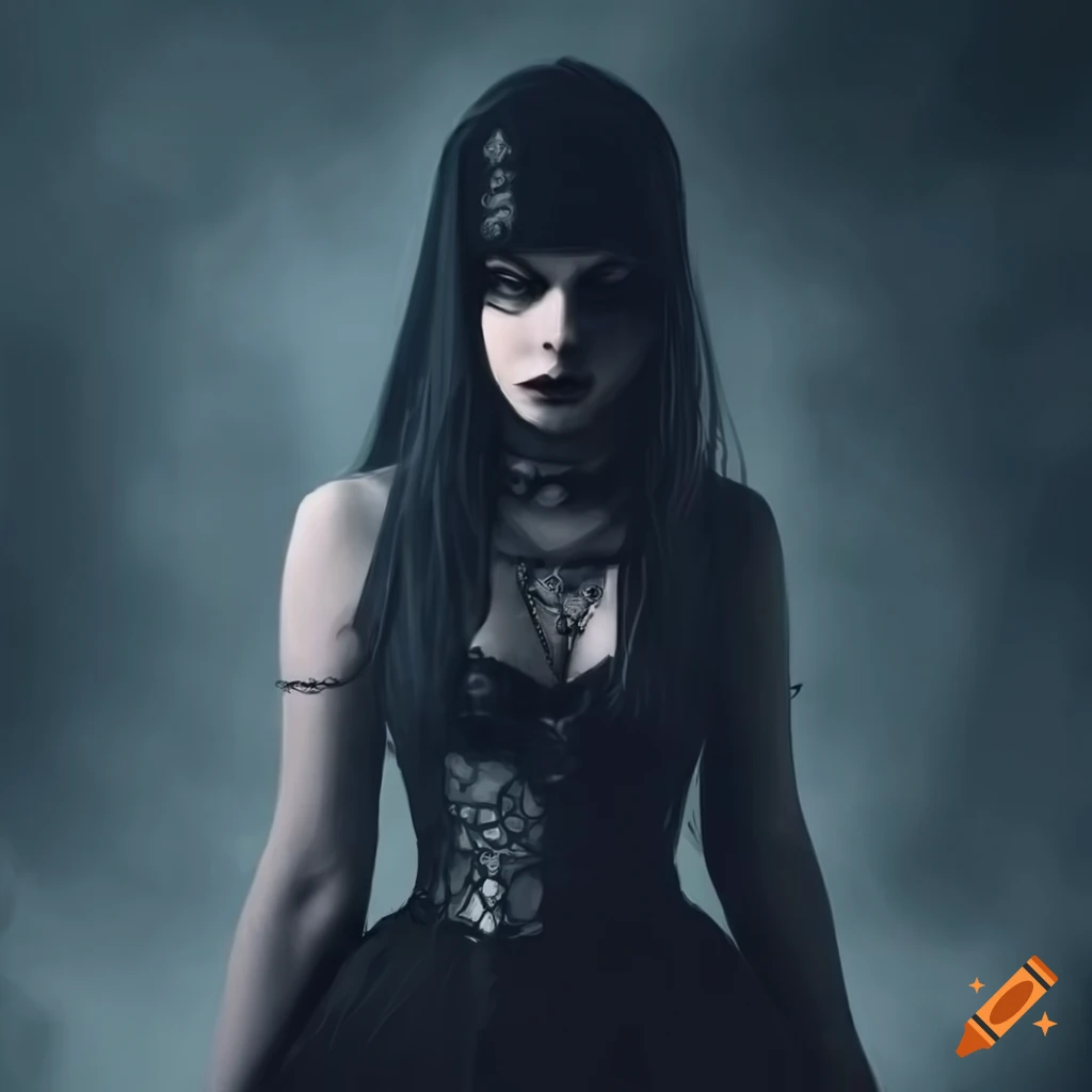 Mysterious goth woman by a haunting castle at night on Craiyon