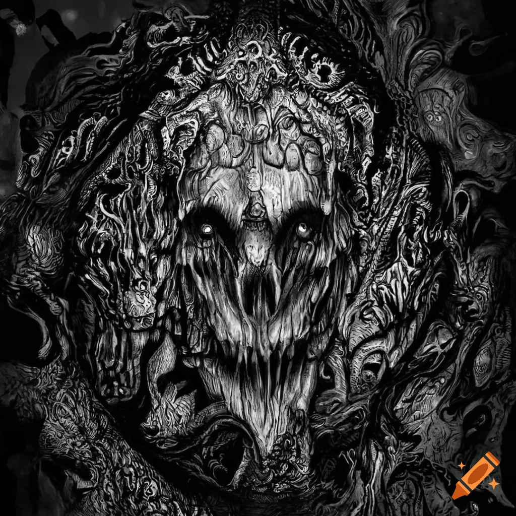 Black and white ink drawing of a mysterious creature on Craiyon