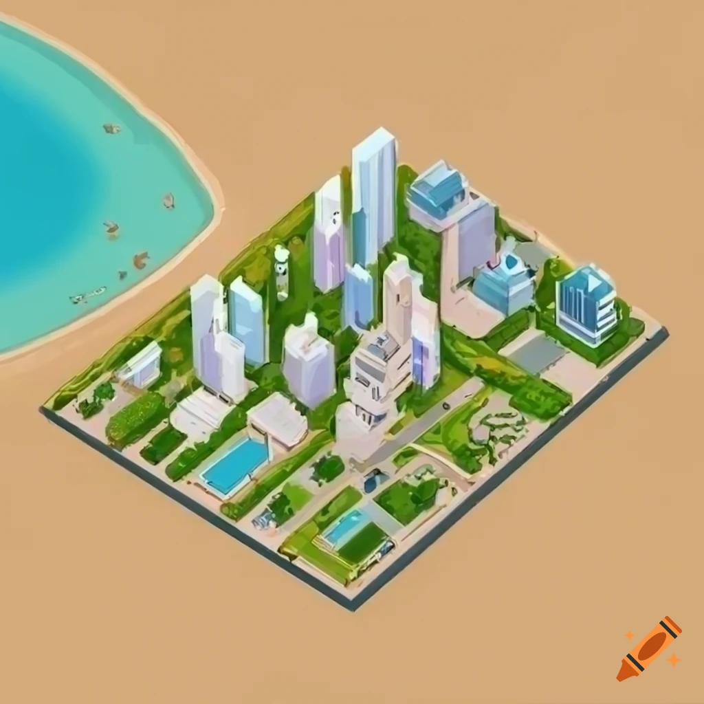 Isometric view of a modern city with 100 buildings on Craiyon