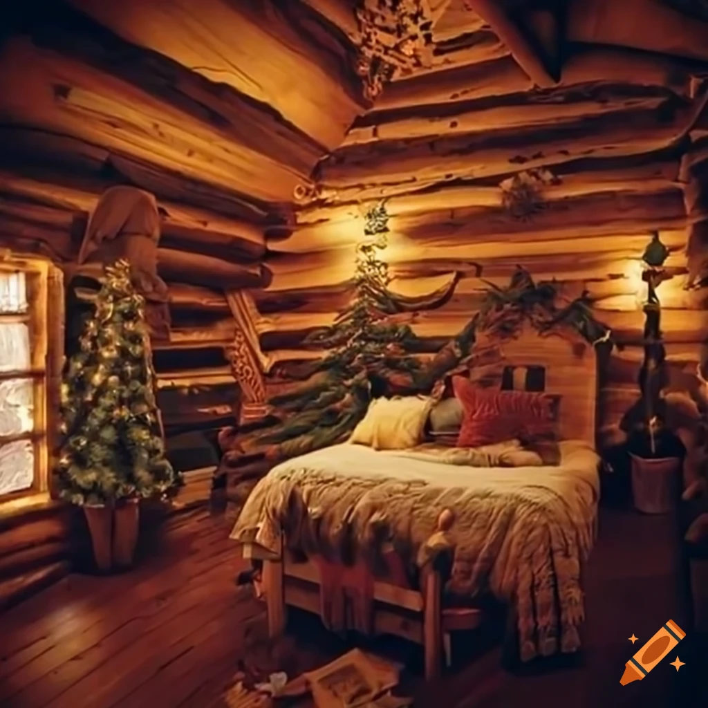 Cozy log cabin bedroom with christmas decorations on Craiyon