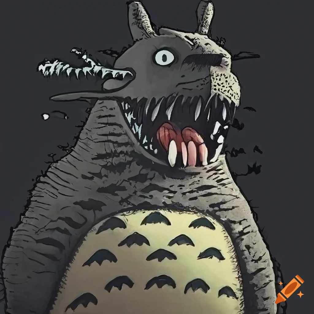 Noir graphic novel art of Godzilla, Totoro, and Garfield on Craiyon