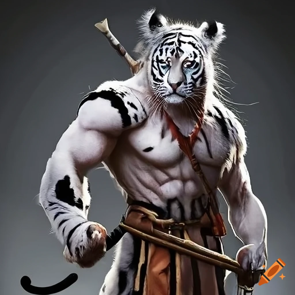 White tiger depicted as a warrior on Craiyon