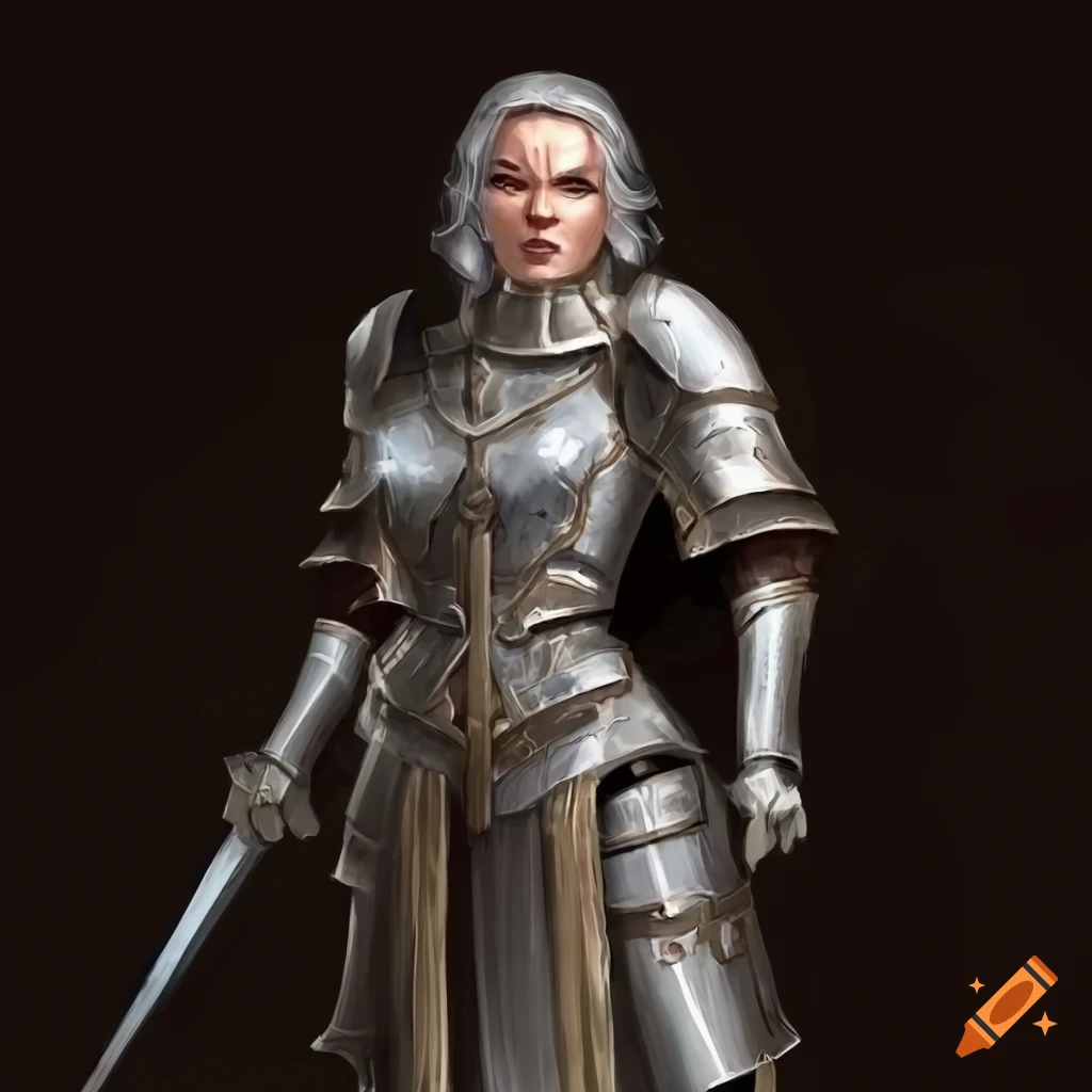 Image of an elderly female paladin in plate armor with a greatsword on ...