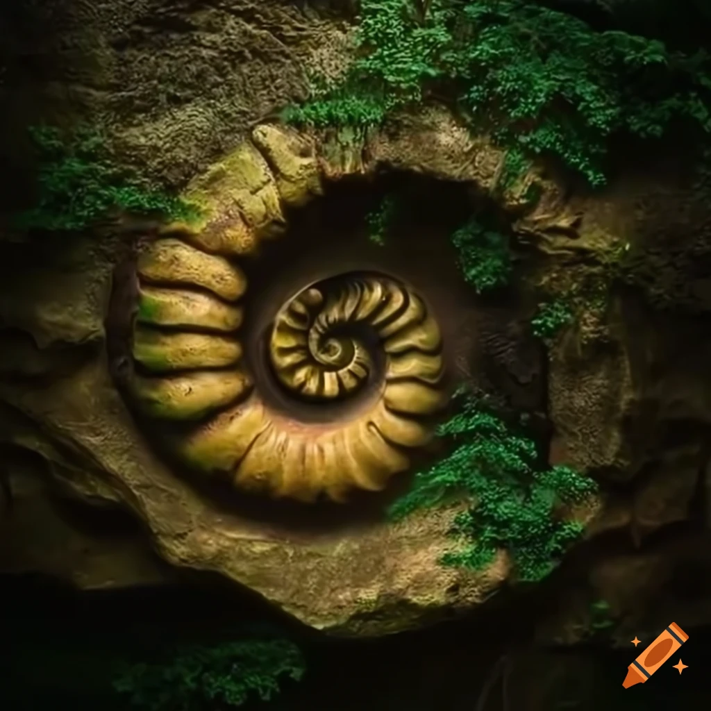 Biomorphic ammonite stone building in shale rock on Craiyon