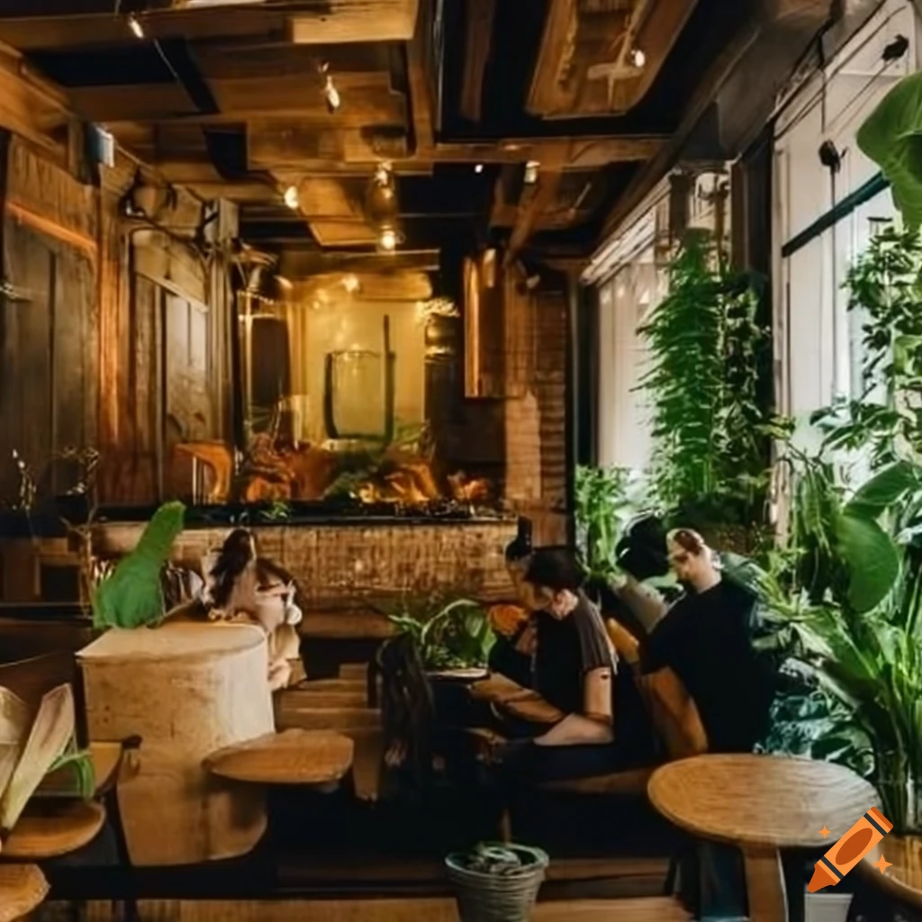 Cozy cafe with indoor plants, perfect for business inspiration on Craiyon