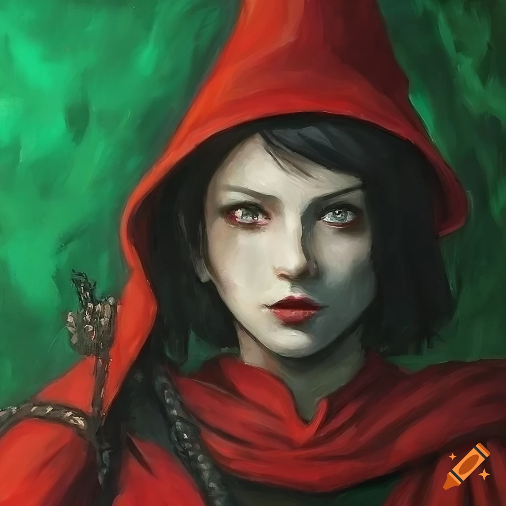 Oil painting of a fierce dark-haired red mage girl on Craiyon