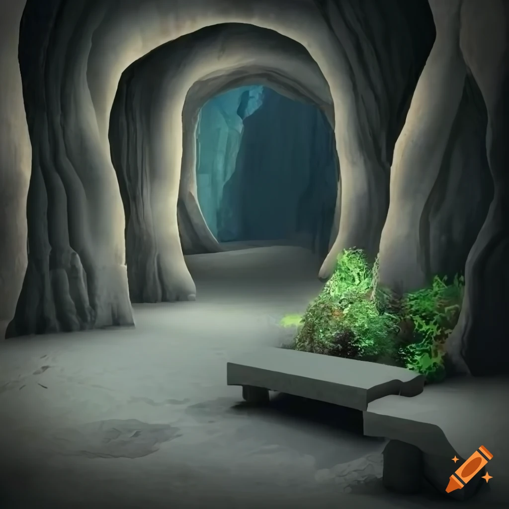 Image of a spacious cave with stone benches and branching tunnels on ...