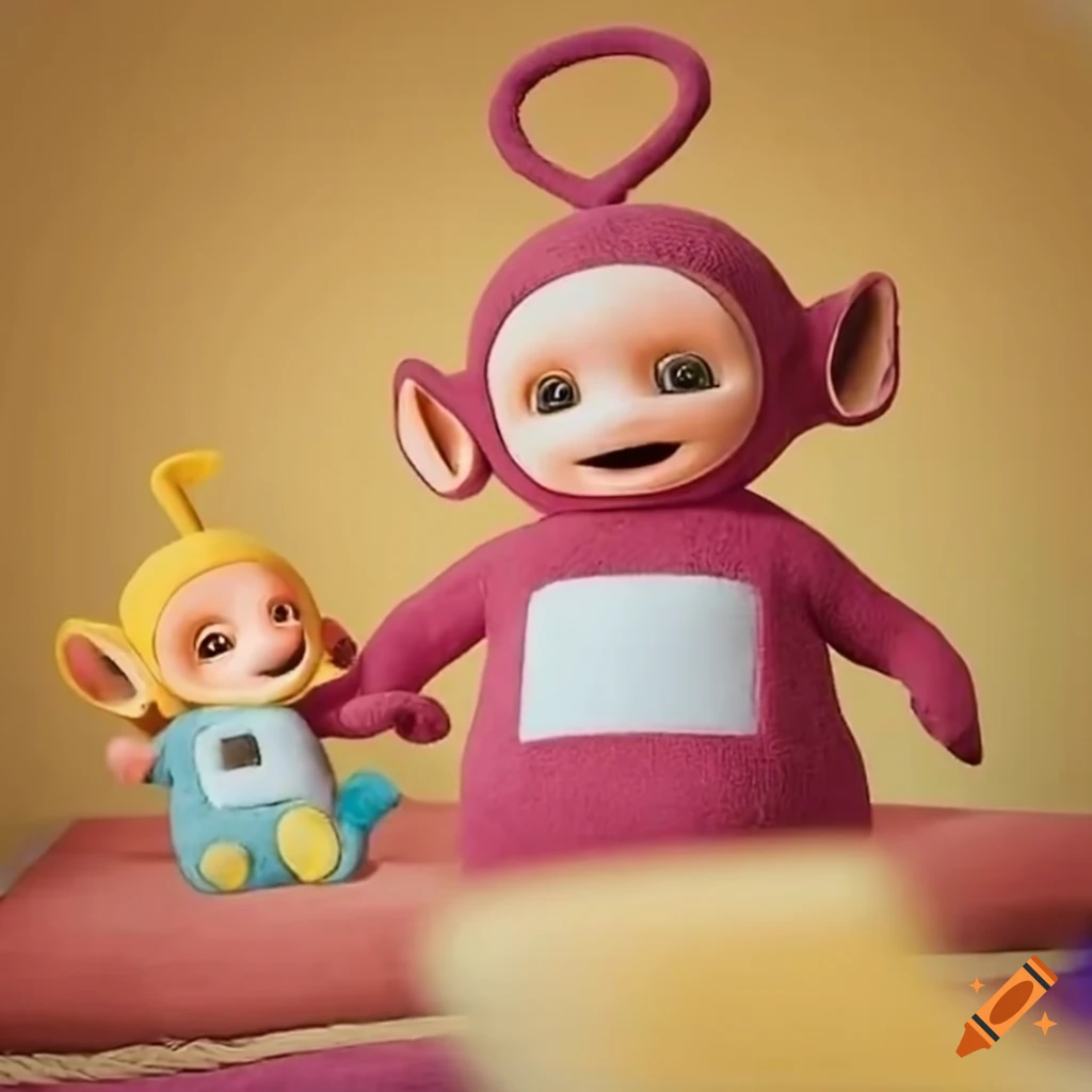 Teletubbies playing with a dog in a cozy home on Craiyon