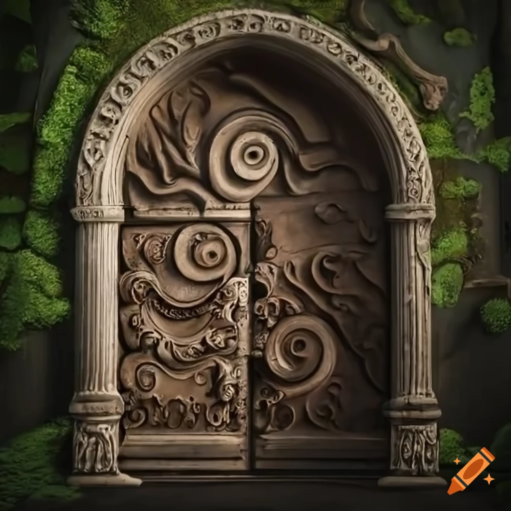 Carved witchcraft symbols on a shale rock door on Craiyon