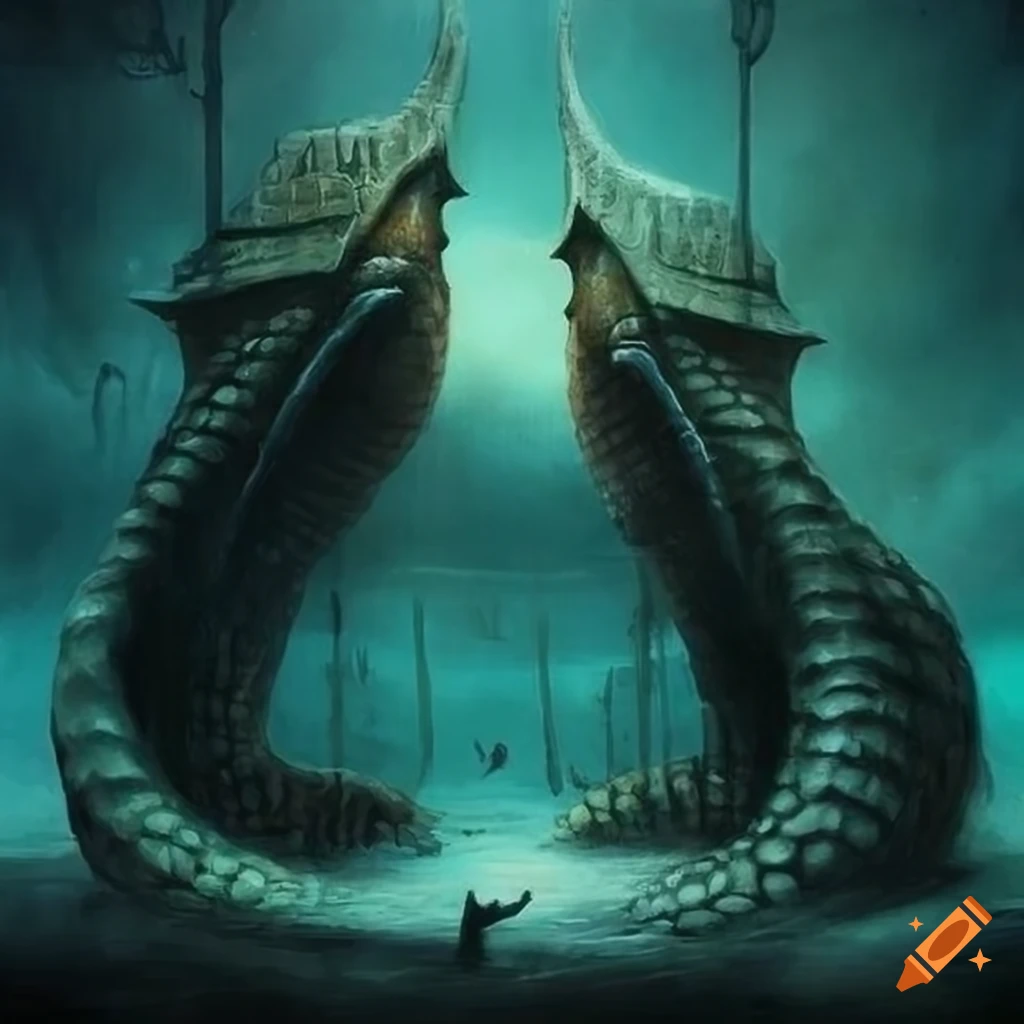 Painting of temple of jormungr the midgard serpent on Craiyon