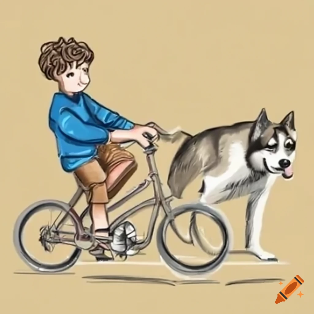 Boy riding a bike with Husky dogs in the countryside on Craiyon