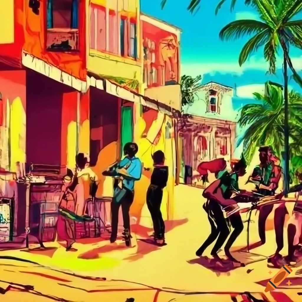 Comic style music album artwork with band playing in Jamaica on Craiyon