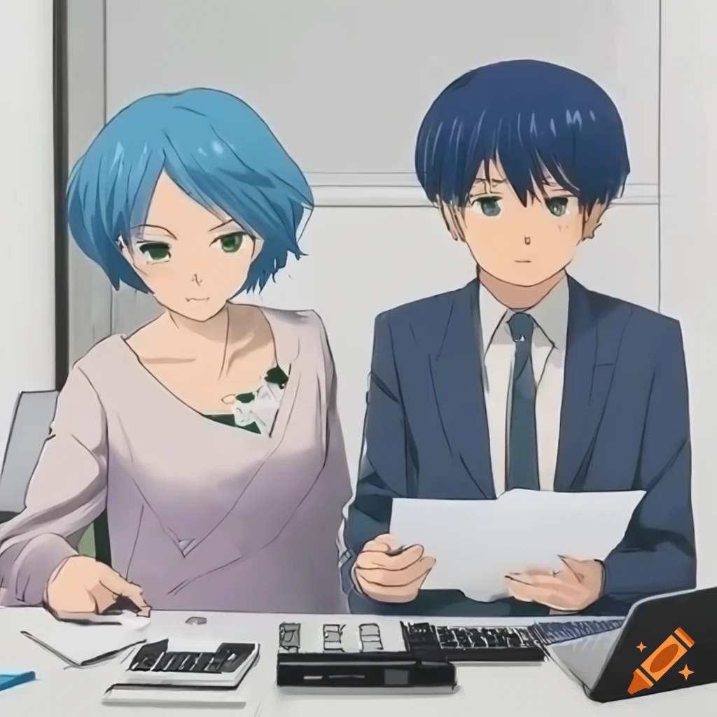 Anime characters working hard in the office on Craiyon
