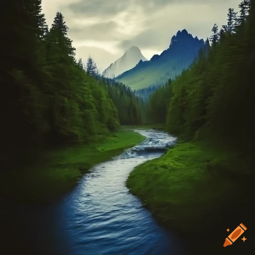 Sandy river flowing between two mountains towards the ocean on Craiyon