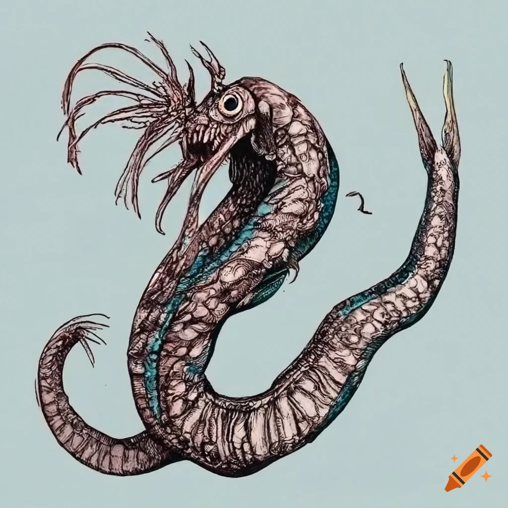 Detailed etching of a crinoid-eel hybrid monster on Craiyon