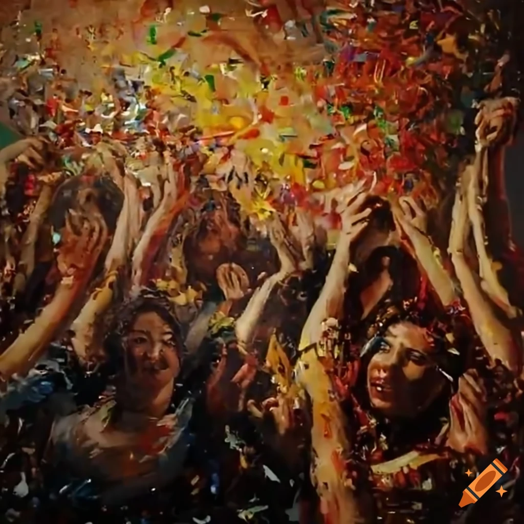 Crowd celebrating election victory with flags and confetti on Craiyon