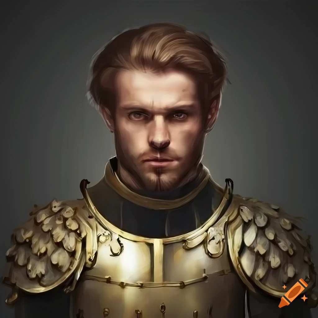 Concept art of a handsome knight in golden plate armor on Craiyon