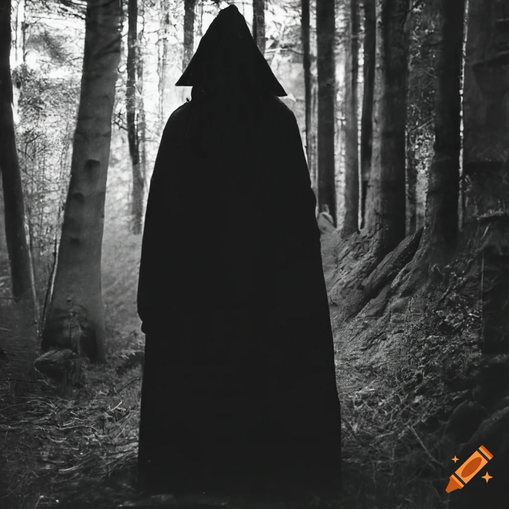 Black and white photo of a cloaked man in the woods on Craiyon