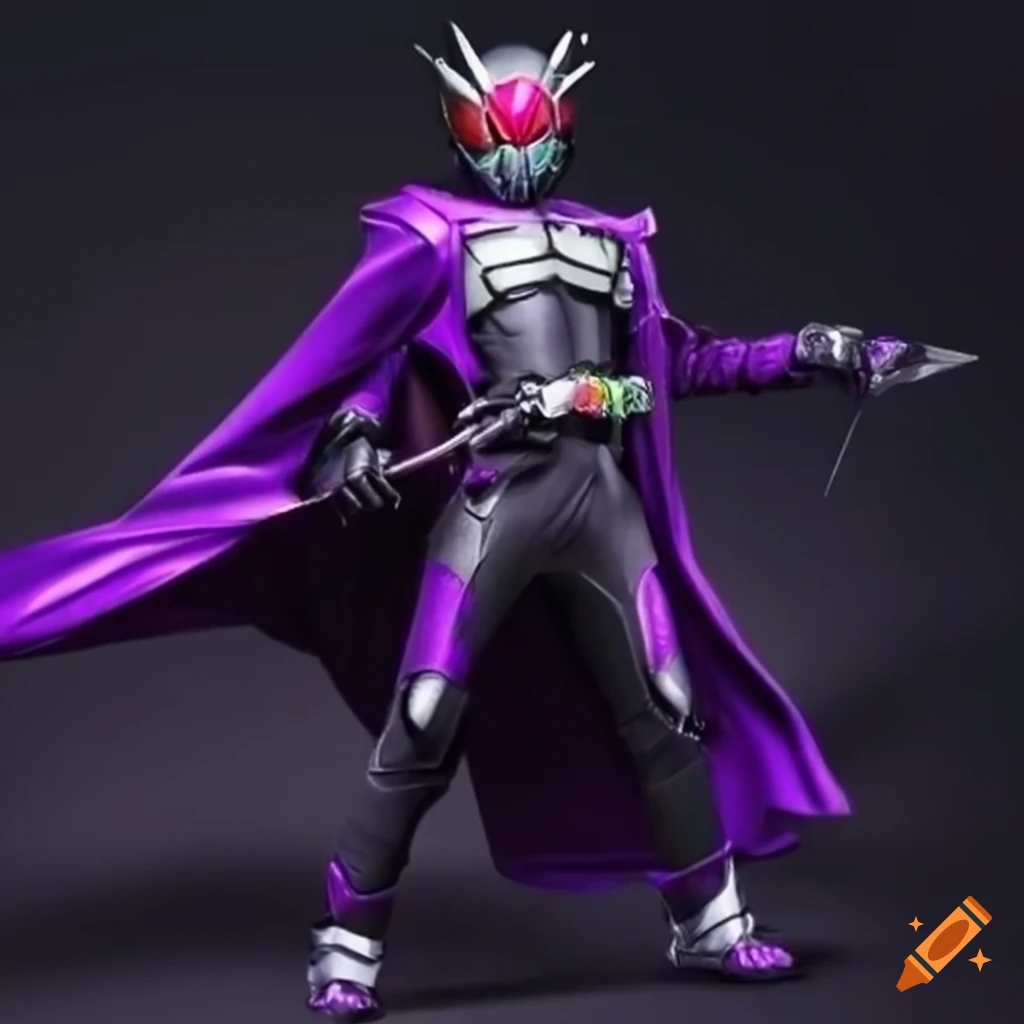 Cosplay of kamen rider with a purple costume and crow motif on Craiyon