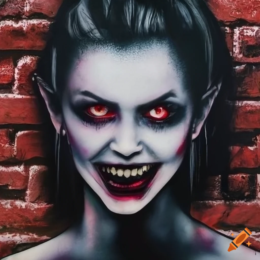 Spraypaint art of a gothic vampire on a brick wall on Craiyon