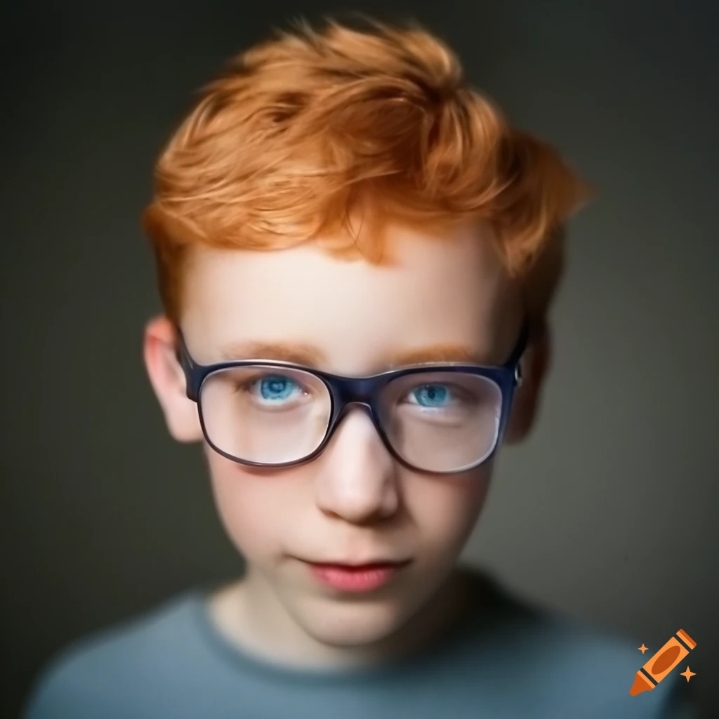 Young boy with ginger hair, heterochromia iridum, and glasses on Craiyon