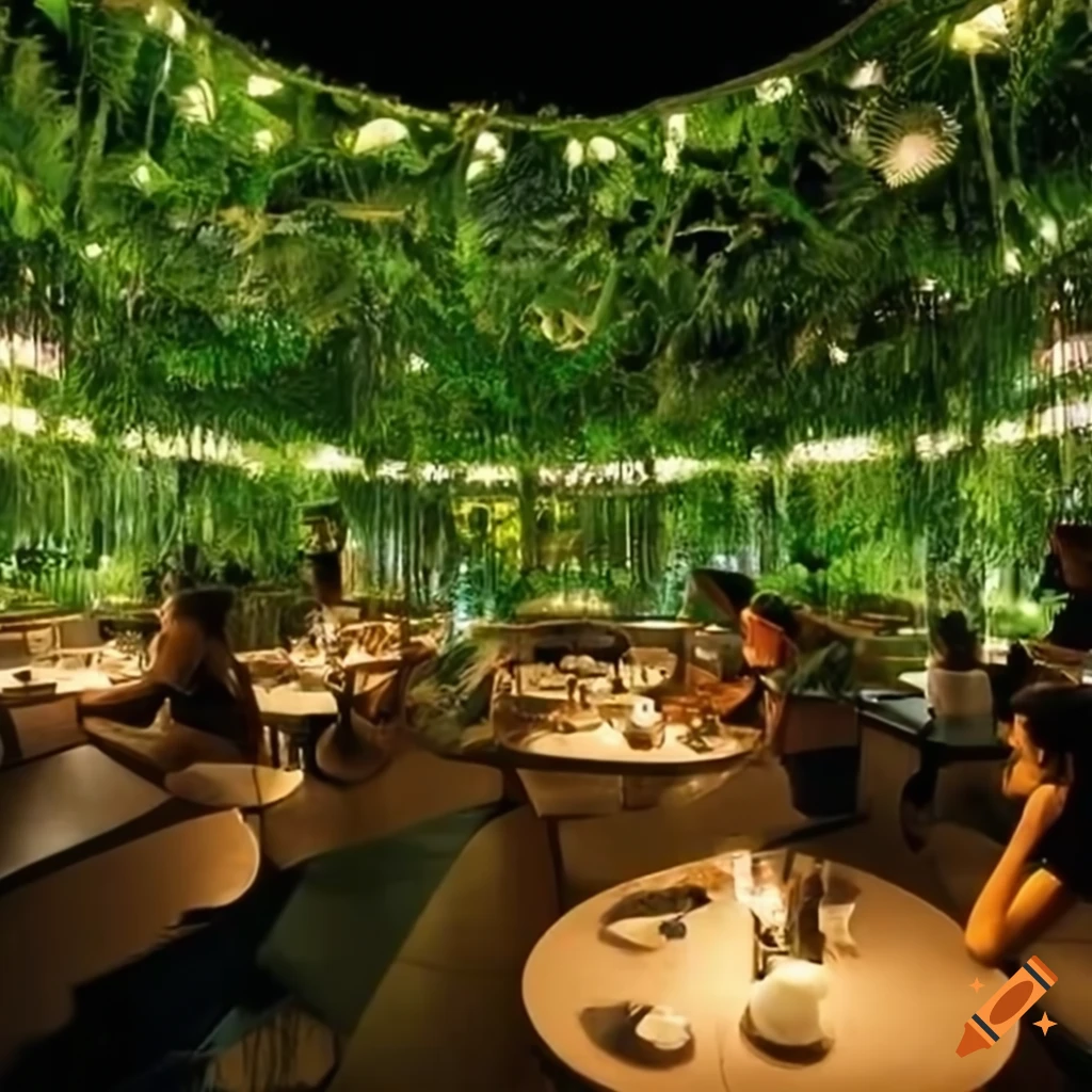 Futuristic outdoor restaurant in a jungle setting on Craiyon