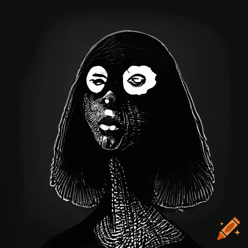 Black ink illustration of a worldly woman on Craiyon