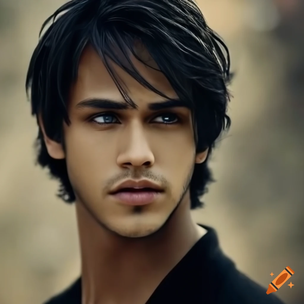 Portrait of a handsome biracial man with blue eyes and long black hair on Craiyon