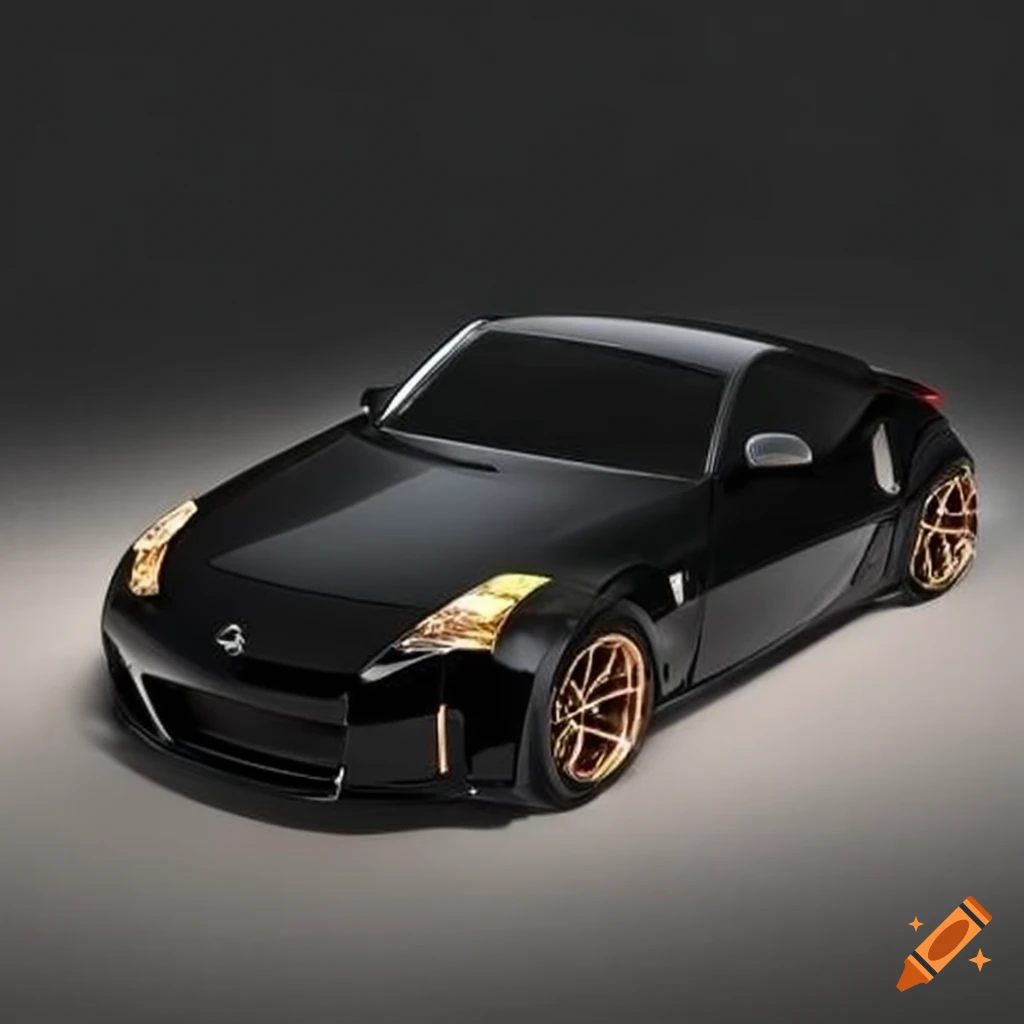 Sleek black nissan 350z with bronze-gold rims on Craiyon
