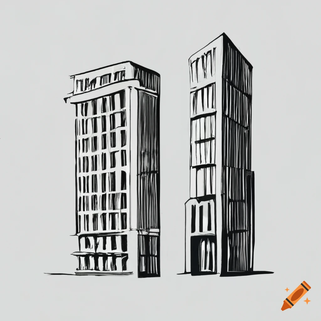 Abstract art of two buildings facing each other with chairs inside on ...