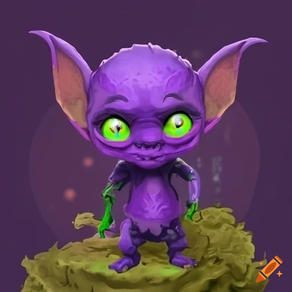 Illustration of a cute deep purple goblin with emerald eyes on Craiyon
